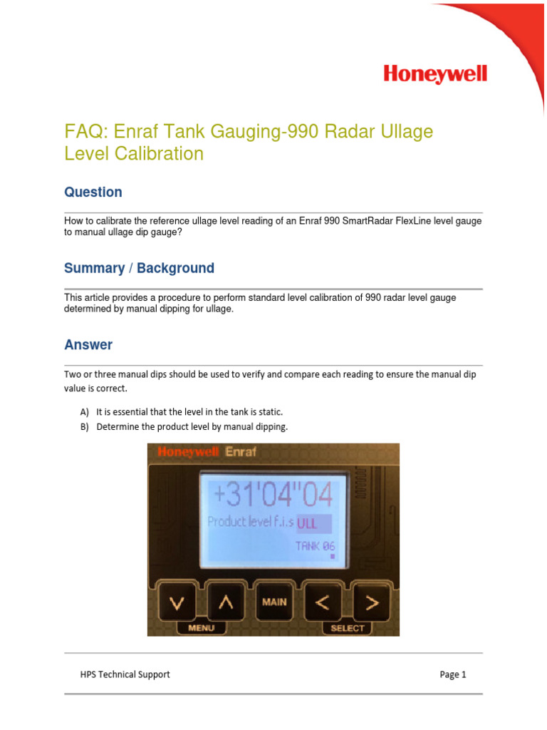 Enraf Tank Gauging-990 Radar Ullage Level Calibration | PDF | Calibration