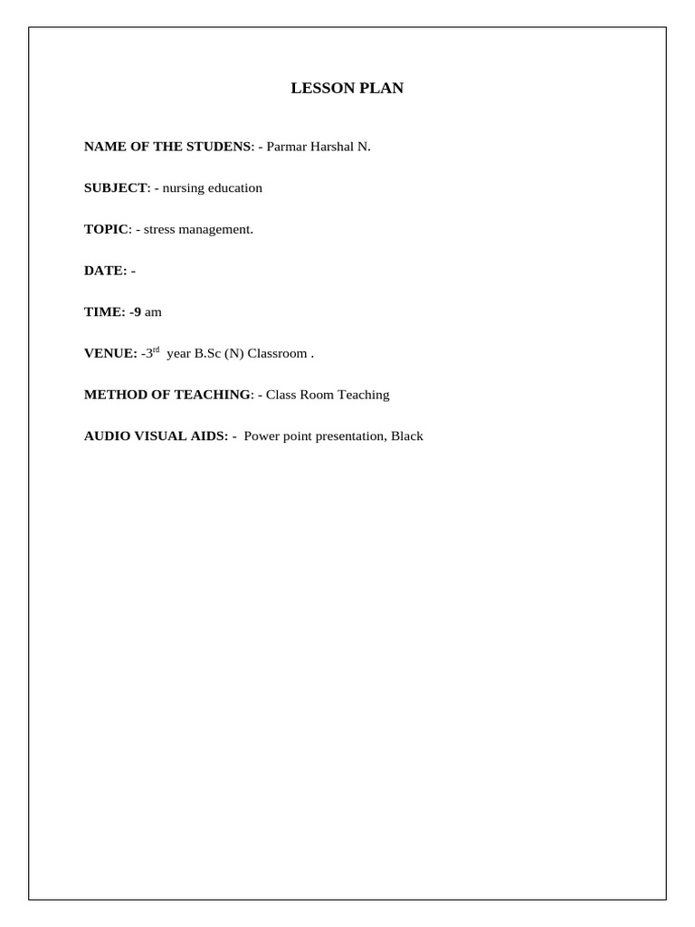 Nursing Lesson Plan on Stress Management | PDF | Stress Management ...