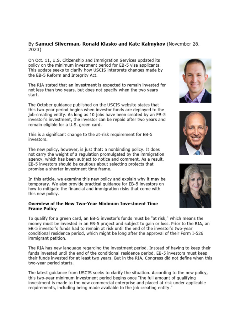 Navigating USCIS New Minimum EB5 Investment Period | PDF | Investing | Economies