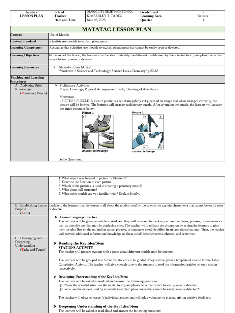 W1 D1 Lesson Plan Science 7 Matatag | PDF | Lesson Plan | Teachers