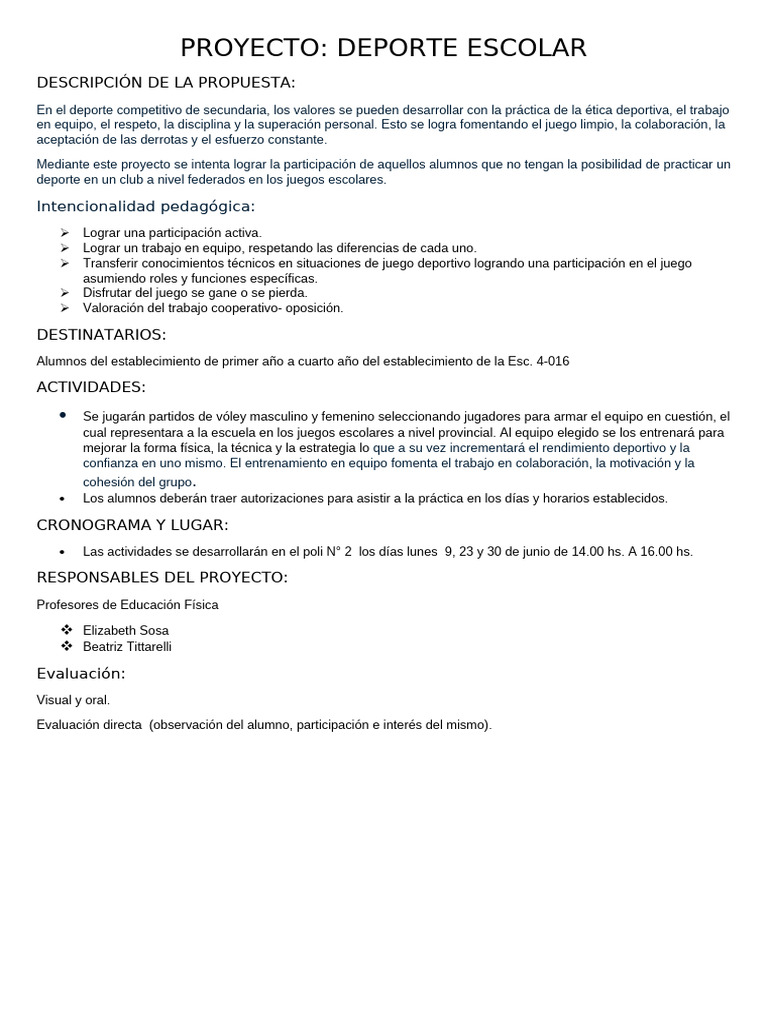 Proyecto Deportivo Escolar 2023 | PDF