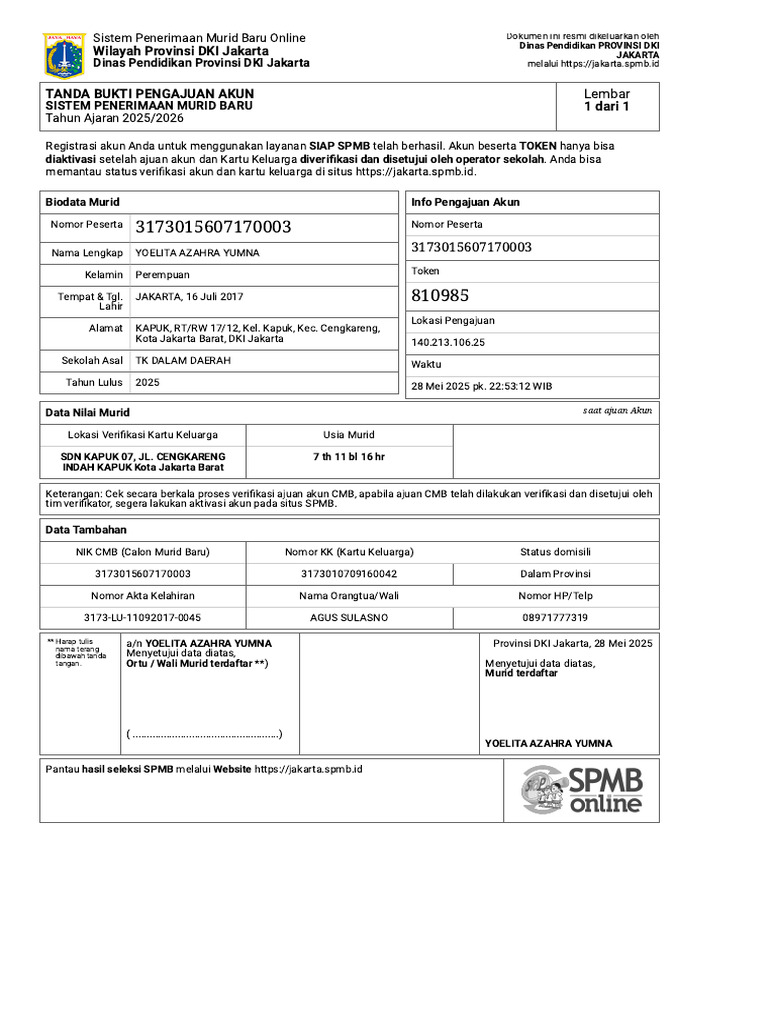 Tanda Bukti Pengajuan Akun - 3173015607170003 - Yoelita Azahra Yumna | PDF