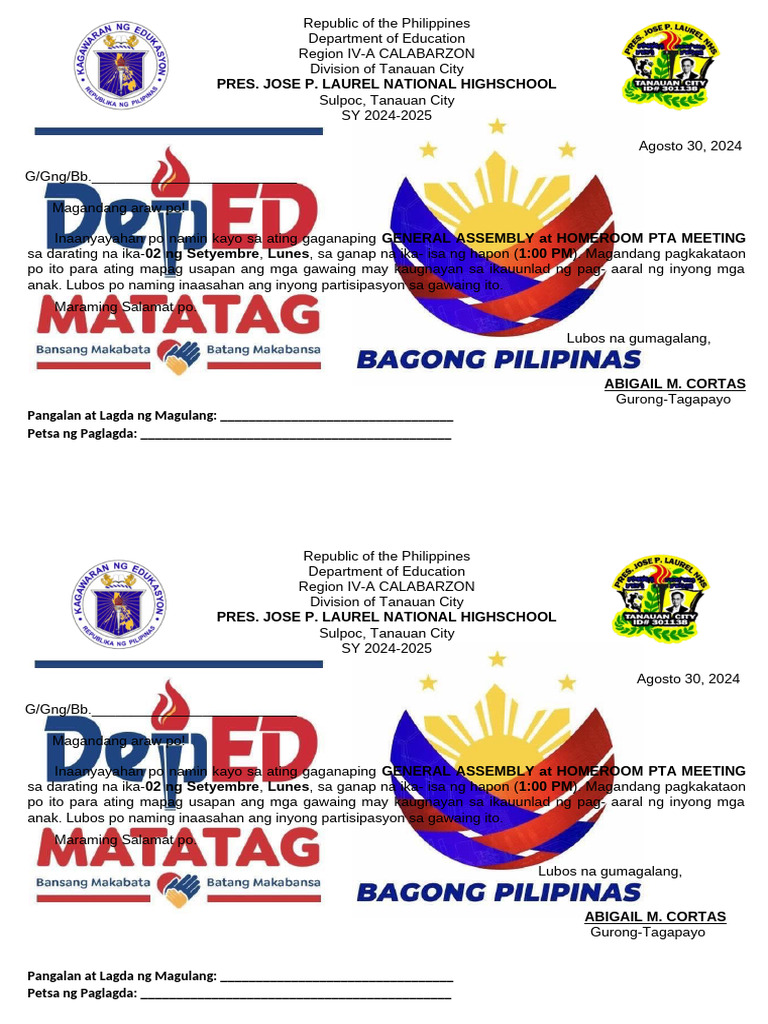 Letter PTA Meeting and General AssemblySY2024 2025 | PDF