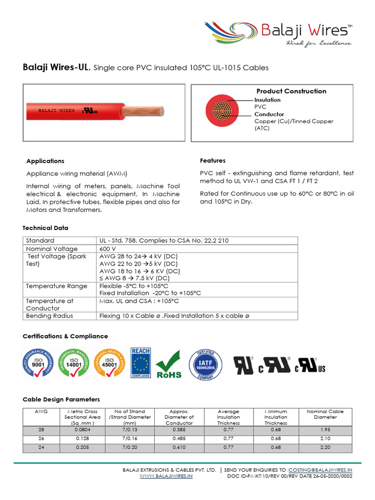 UL-1015 PVC Insulated Cables Data | PDF | Electrical Wiring | Insulator ...