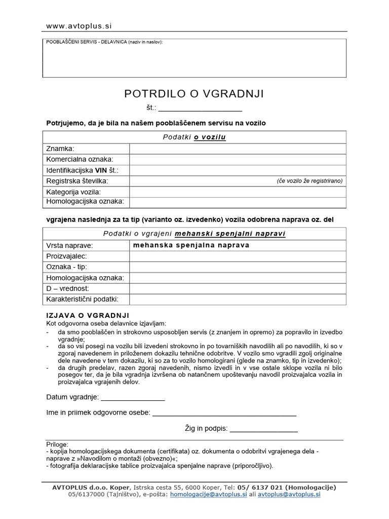 Potrdilo Vgradnji Spenjalne Naprave | PDF