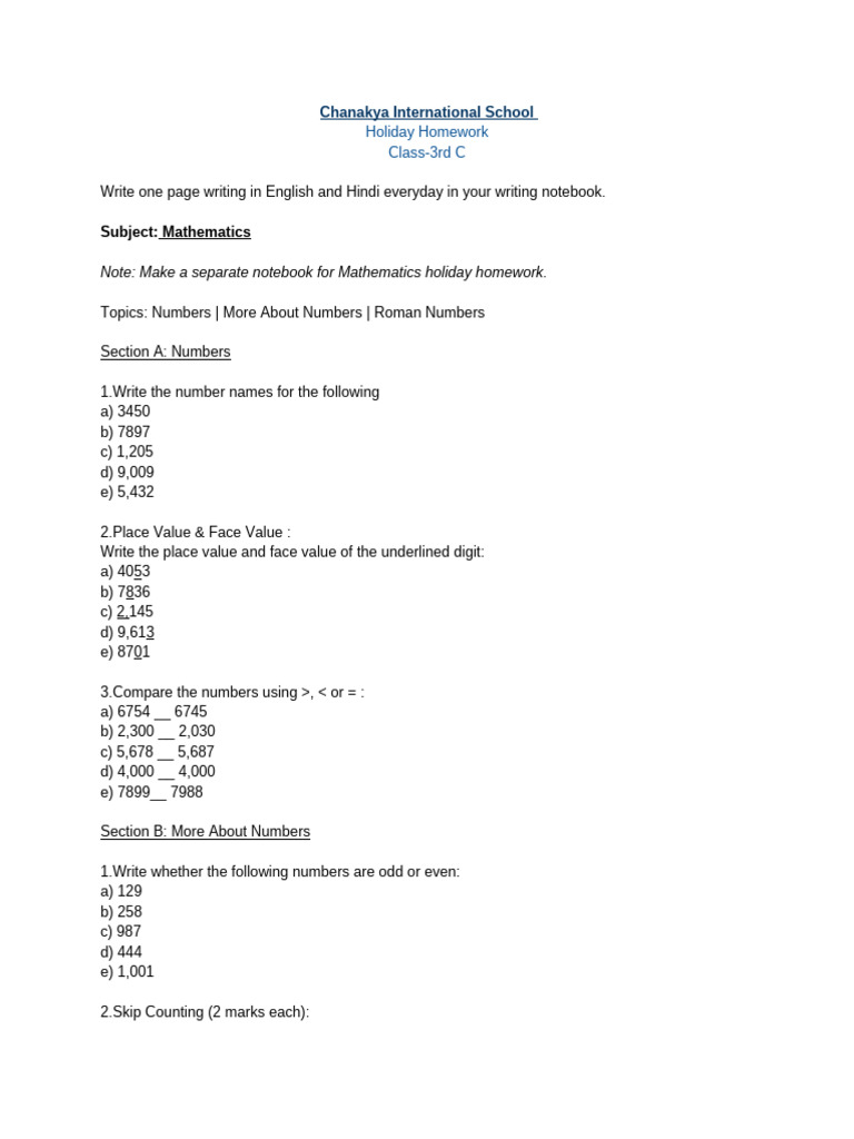 Holiday Homework 3rd Class | PDF