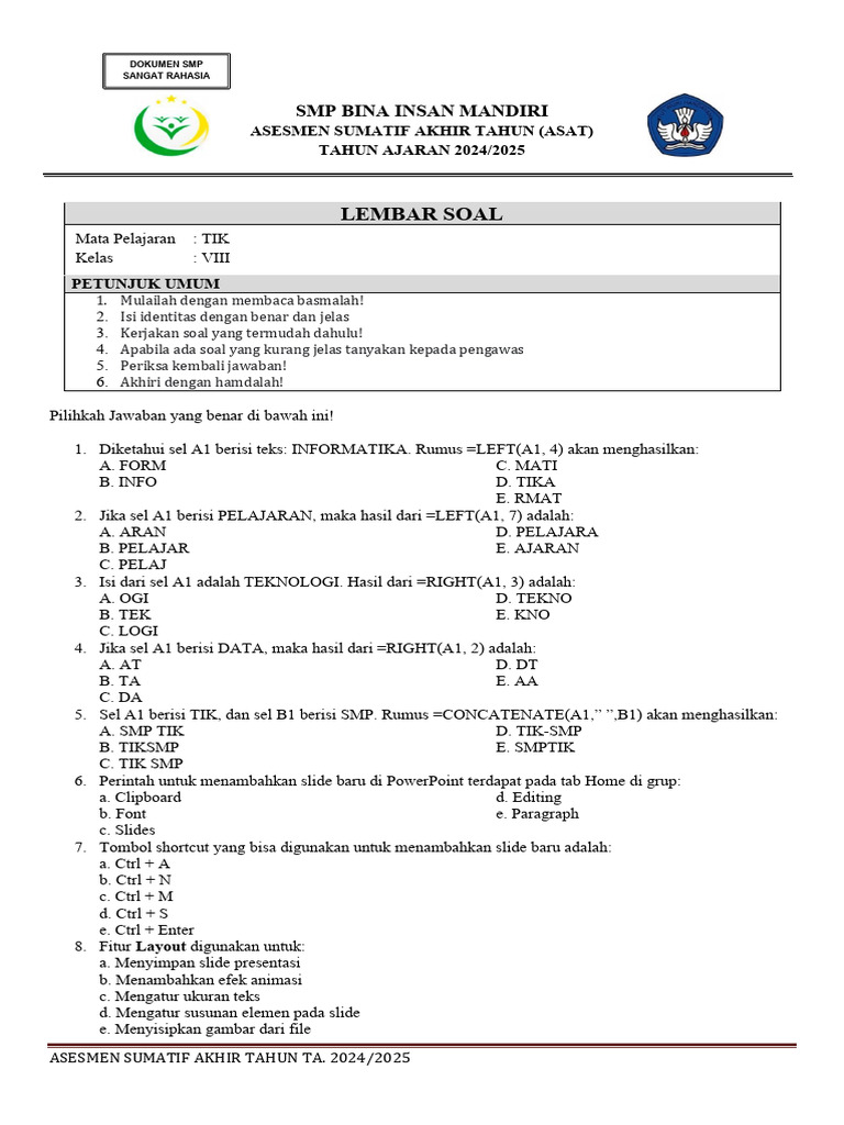 Soal Informatika Kelas 8 Tahun 2024/2025 | PDF