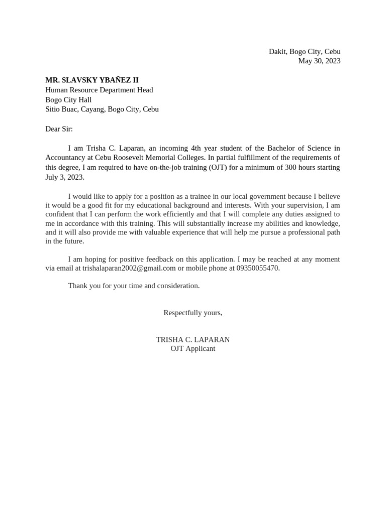 OJT Application Letter Sample | PDF