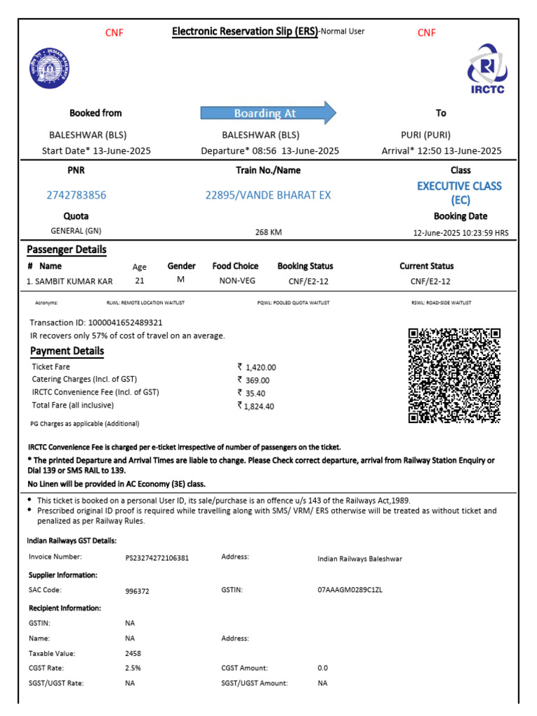 Vande Bharat Ticket For June 13, 2025 PDF | PDF | Identity Document | Payments