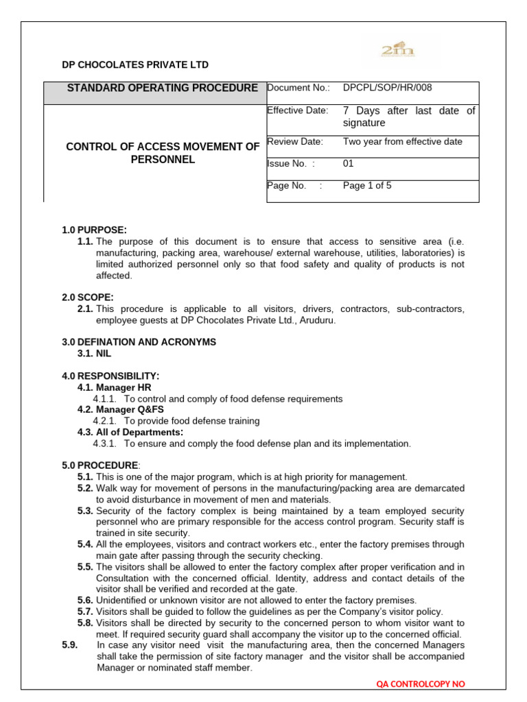 SOP 8 Control of Access Movement of Personnel | PDF | Audit | Business