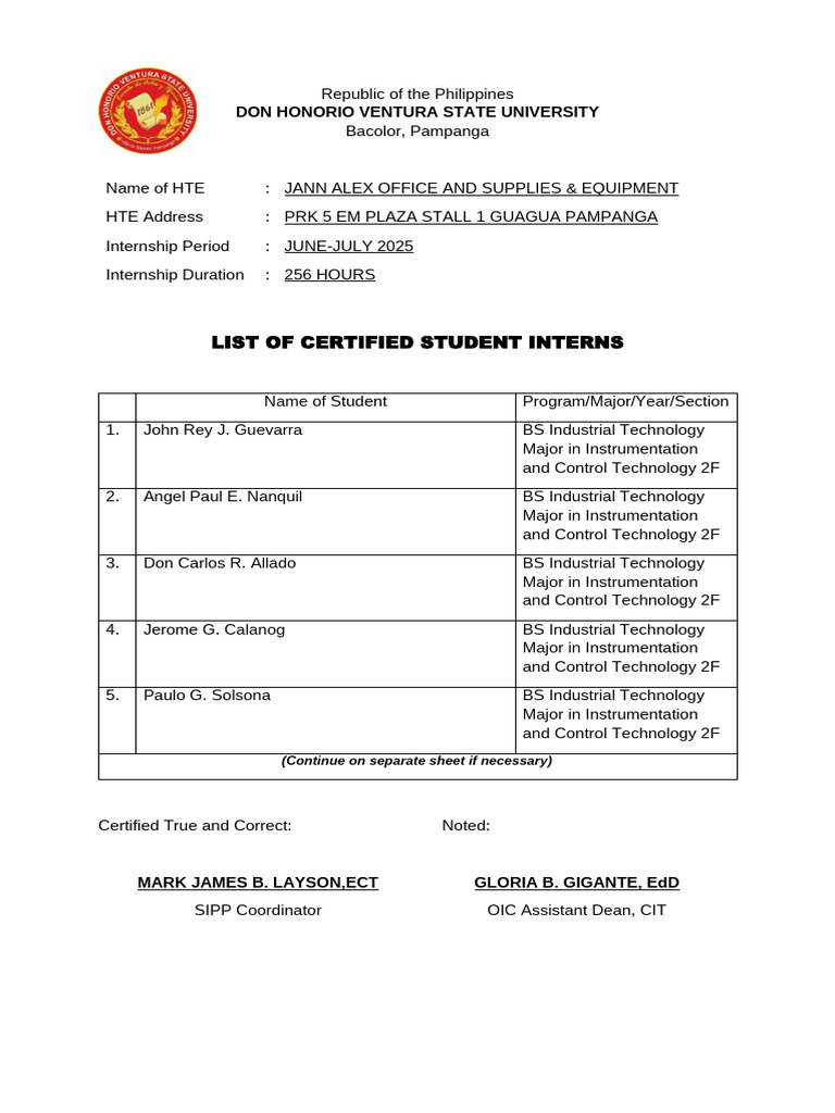 MOA List of Certified Student Interns | PDF