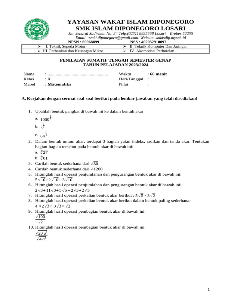 X - Matematika Psts Genap 2024 | PDF