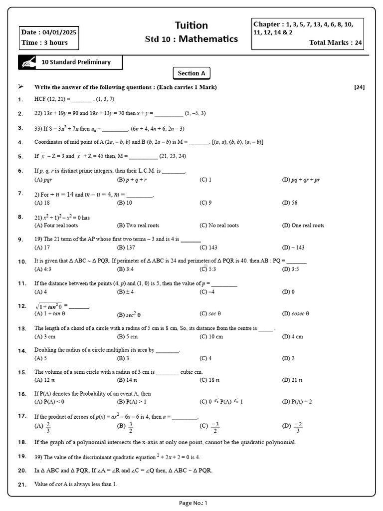 10 Standard Preliminary 1735967031 | PDF | Circle | Quadratic Equation