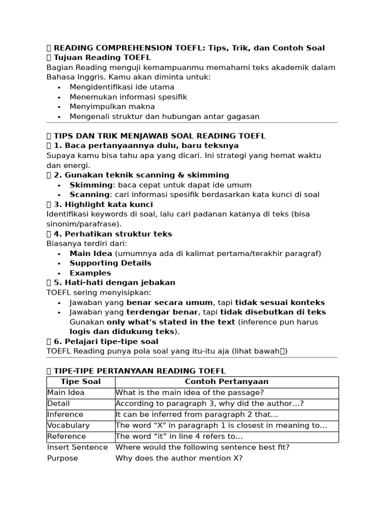 ? Tips Reading Comprehension TOEFL | PDF