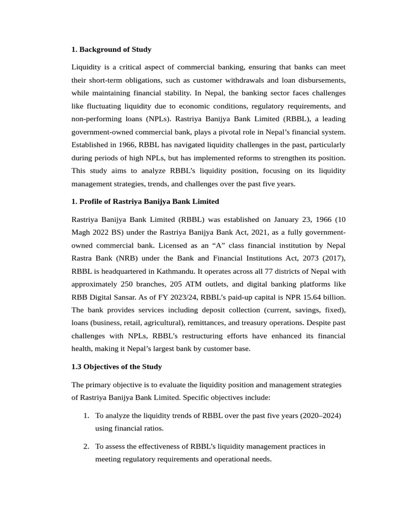 A Project Work Proposal On Liquidity Analysis of Rastriya Banijya Bank ...