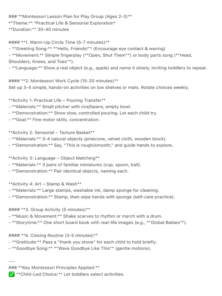 Montessori Lesson Plan for Ages 2-3 | PDF