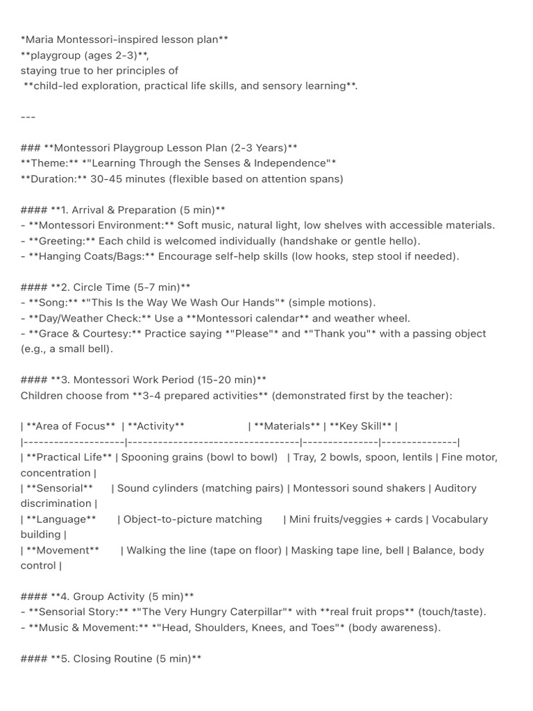 Maria Montessori-Inspired Lesson Plan | PDF | Montessori Education