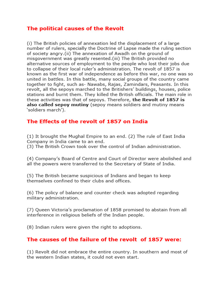 The Political Causes of The Revolt | PDF | Indian Rebellion Of 1857 ...