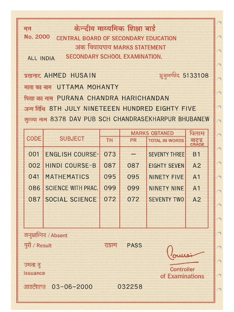 CBSE Marksheet Ahmed Husain | PDF