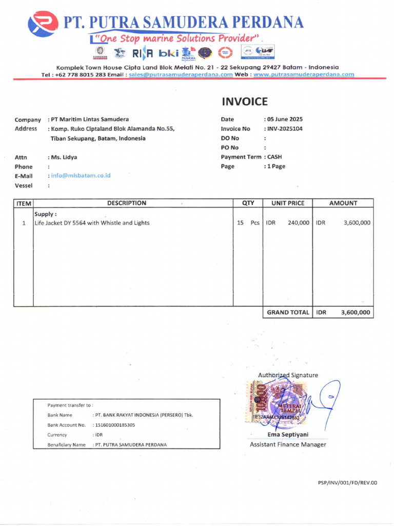 INV-2025109 Maritim Lintas Samudera, PT - Supply Equipment | PDF