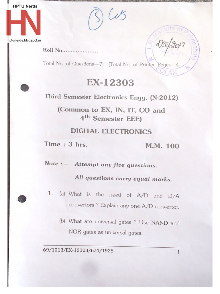 Digital Electronics Question Paper 3 Download | PDF