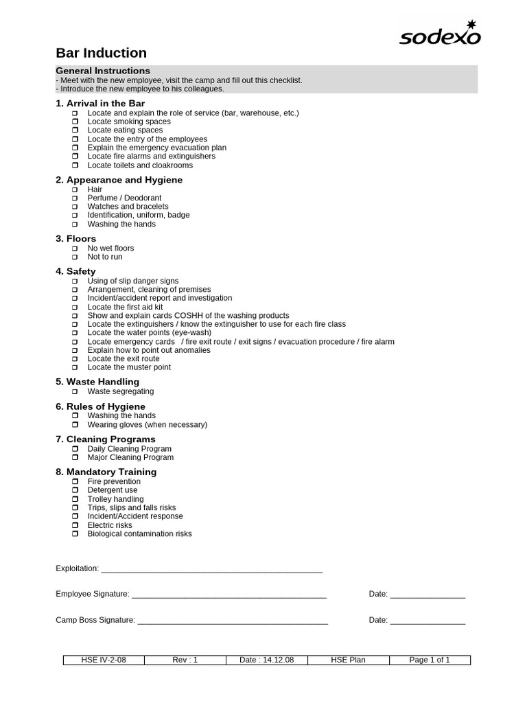 Bar Induction Safety Checklist | PDF
