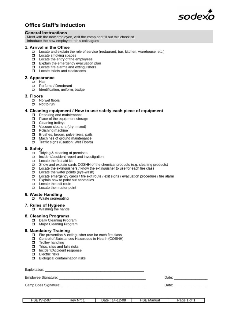 Office Staff Induction Checklist | PDF