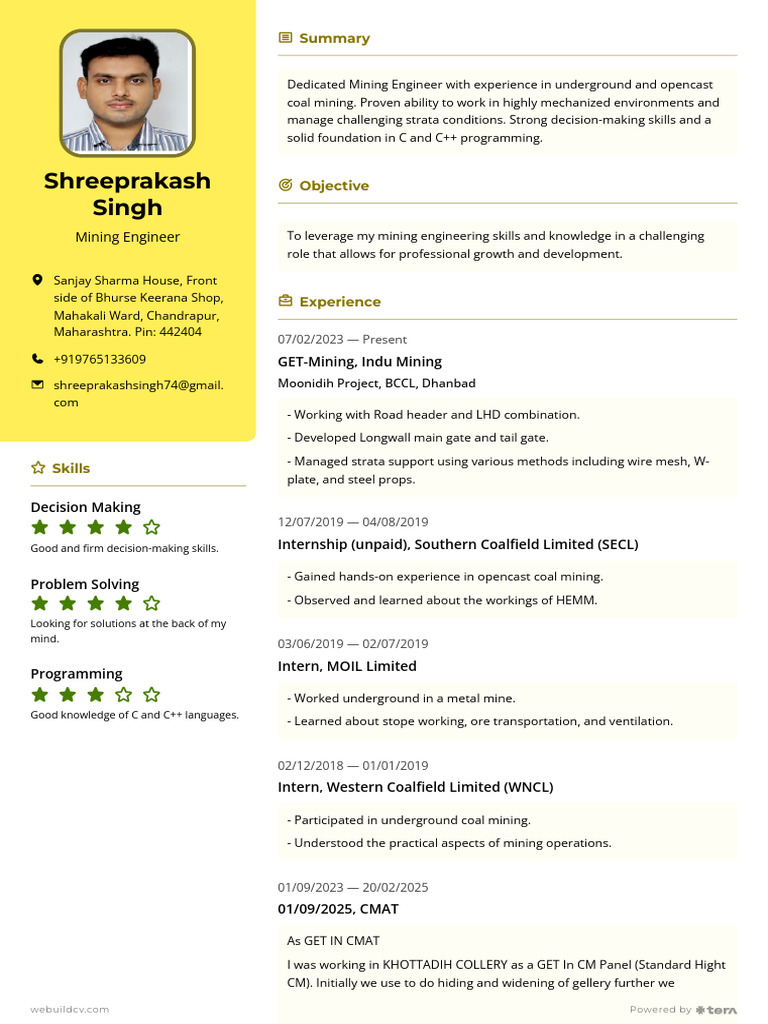 Mining Engineer Resume of Shreeprakash Singh | PDF | Mining | Resource ...