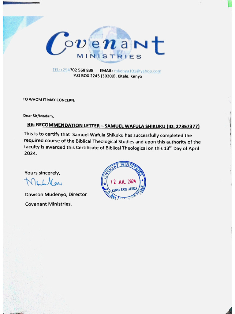 Recommendation Letter Covenant Ministry | PDF