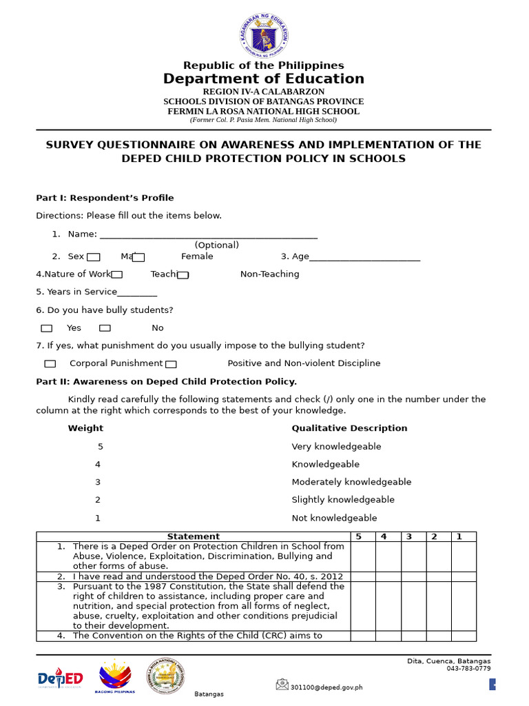 DepEd Child Protection Policy Survey | PDF | Child Abuse | Violence
