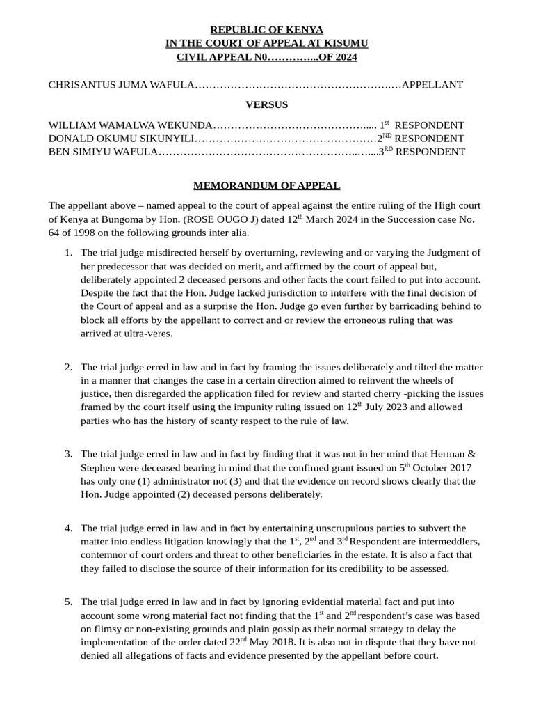 Juma Memorandum of Appeal | PDF | Appellate Court | Appeal