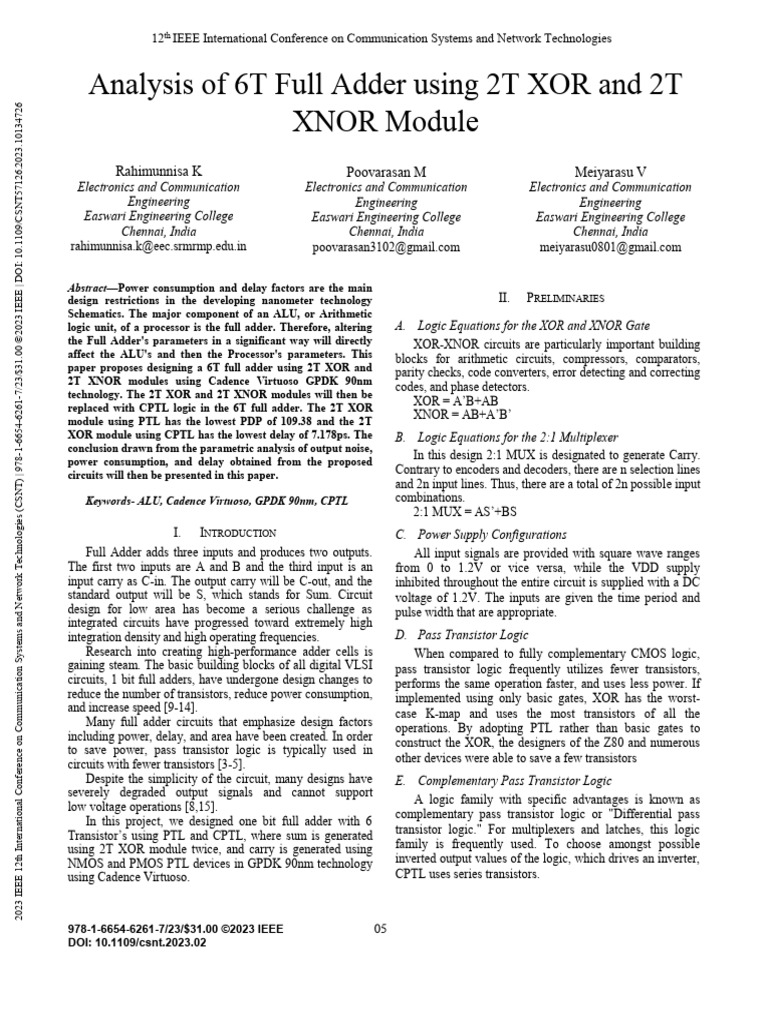 Analysis of 6T Full Adder Using 2T XOR and 2T XNOR Module | PDF | Logic ...