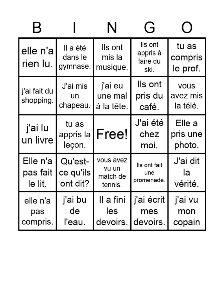 Bingo du passé composé à imprimer | PDF