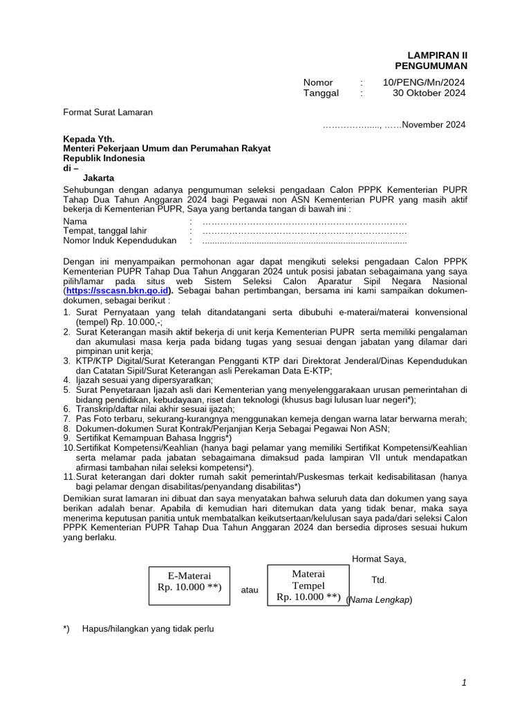 Lampiran II SD V Format Surat Persyaratan CPPPK PUPR 2024 - Tahap Dua | PDF