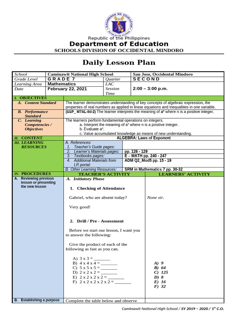 Semi Detailed DLP Co 1 - 2021 | PDF | Exponentiation | Mathematics