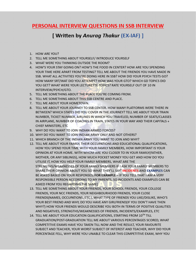 SSB Personal Interview Questions Guide | PDF