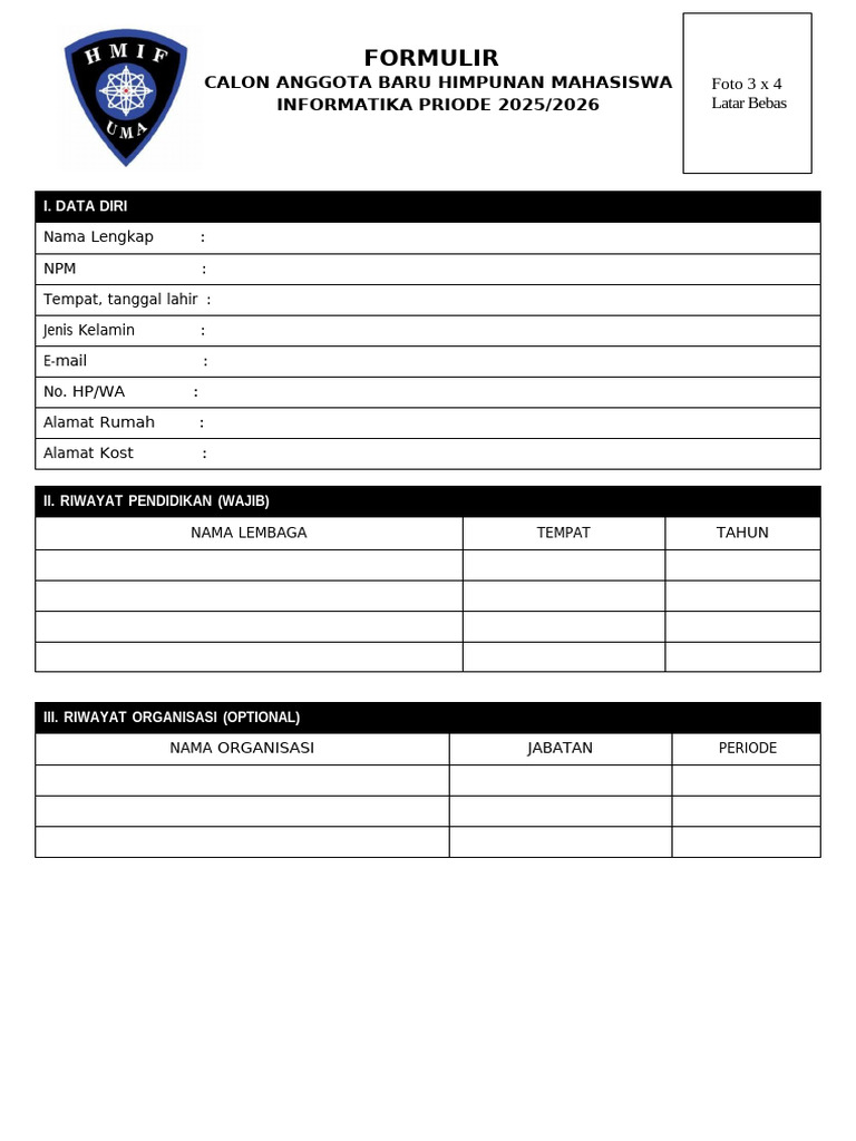 Formulir Pendaftaran Calon Anggota Baru HMIF | PDF