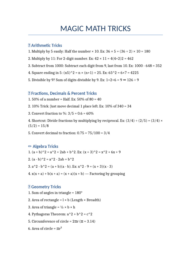 Math Tricks Chart Paper | PDF