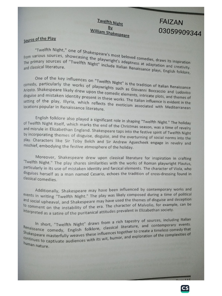 Twelfth Night Complete Notes. F.A | PDF