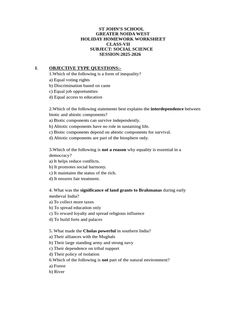 Class VII Social Science Holiday Homework | PDF
