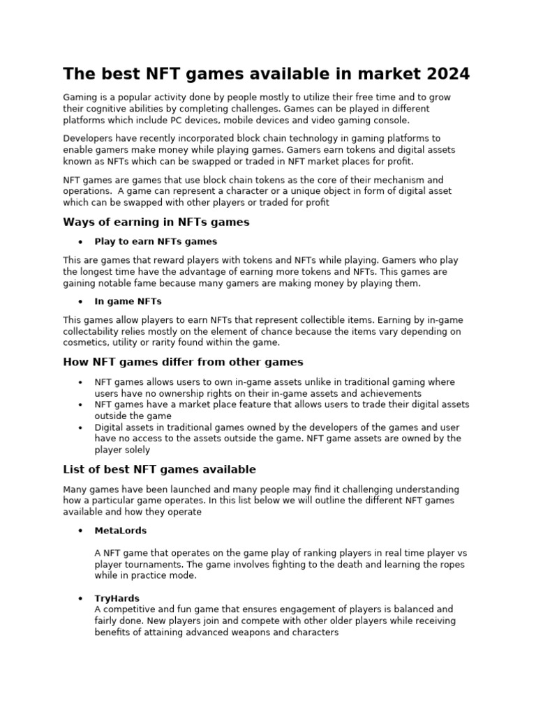 The Best NFT Games Available in Market 2024 | PDF | Cryptocurrency