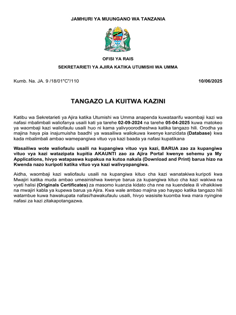 20251006371911tangazo La Kuitwa Kazini 110 | PDF