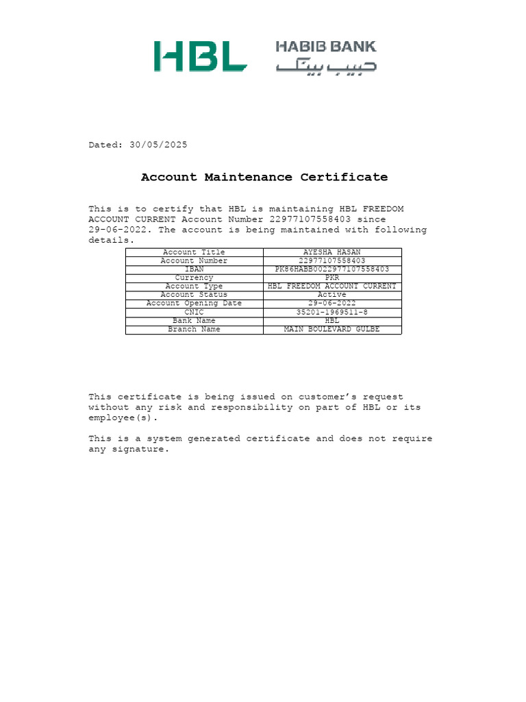 HBL Account Maintenance Certificate | PDF