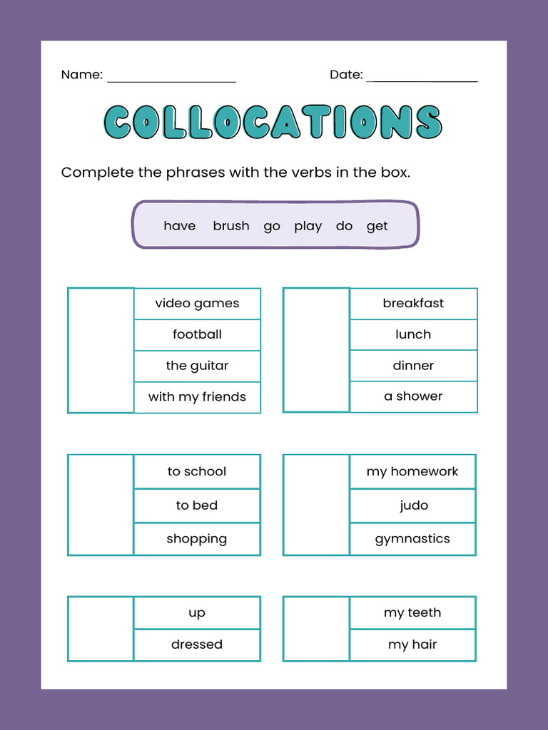 Teal and Purple Fun Collocations Worksheet | PDF