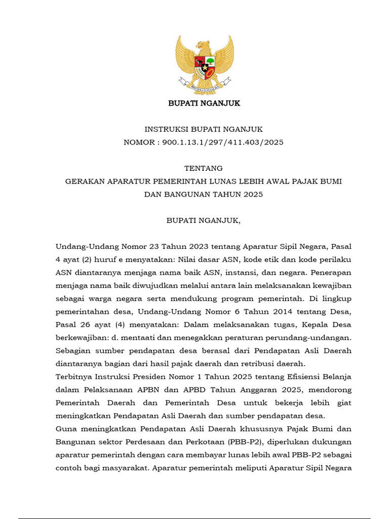 Intruksi Bupati Tentang Gerakan Aparatur Pemerintah Lunas Lebih Awal Pbb-p2 Tahun 2025 | PDF