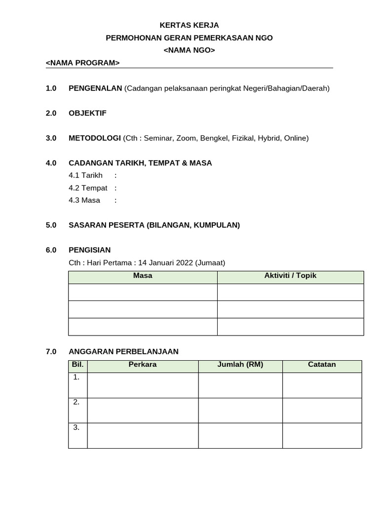 Format Kertas Kerja - Geran Pemerkasaan NGO | PDF