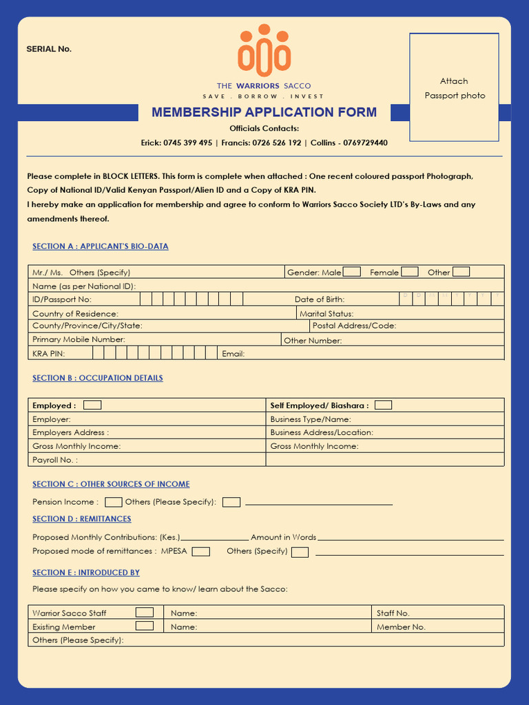 Warriors Sacco Membership Application Form | PDF
