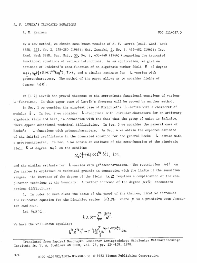 A. F. Lavrik's Truncated Equations | PDF | Field (Mathematics) | Summation