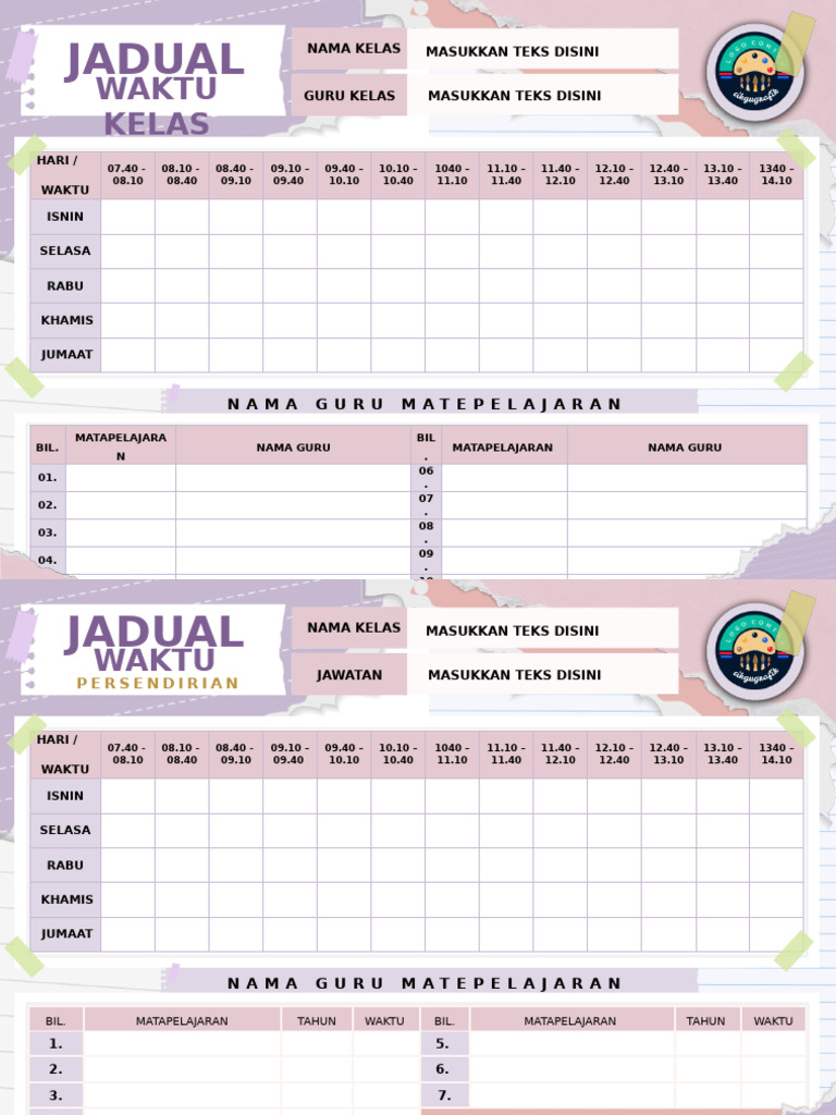 Contoh Tapak Jadual Waktu Kelas & Persendirian Rpm24,25 03 (Cikgugrafik ...