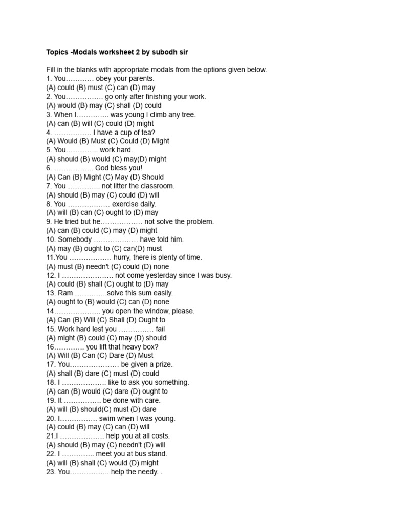 Modals Worksheet for Class 9-10 | PDF